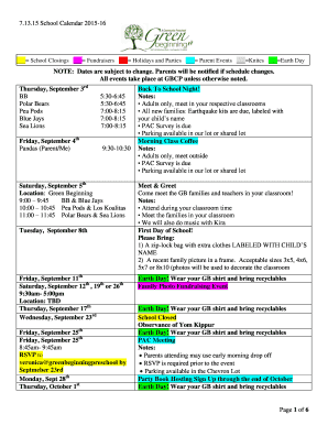 Fillable Online 2015-2016 School Calendar - Green Beginning Fax Email ...