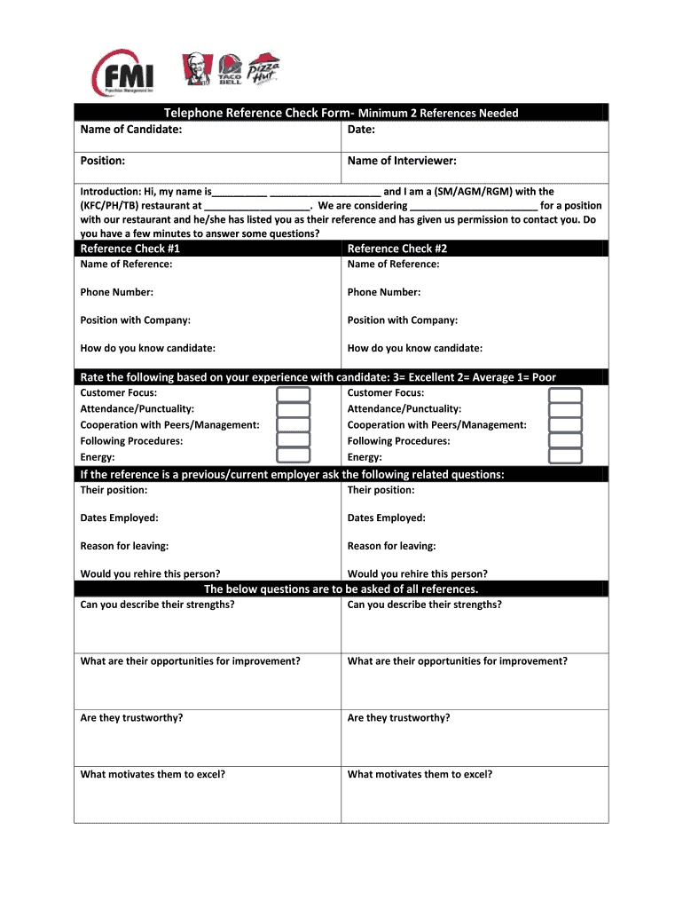 Fillable Online Telephone Reference Check Form- Minimum 2 References ...