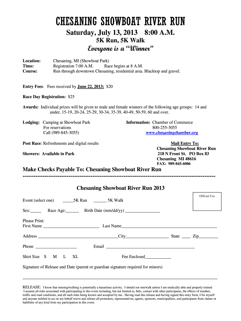 Fillable Online Chesaning showboat river run - Michigan Running Foundation Fax Email Print ...