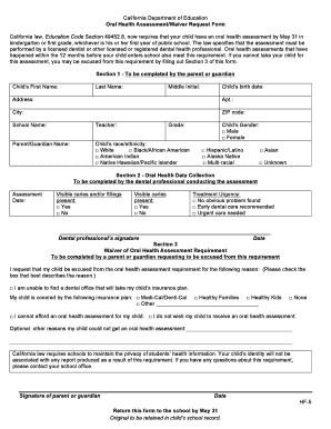 Fillable Online central k12 ca Oral Health Assessment Form ...