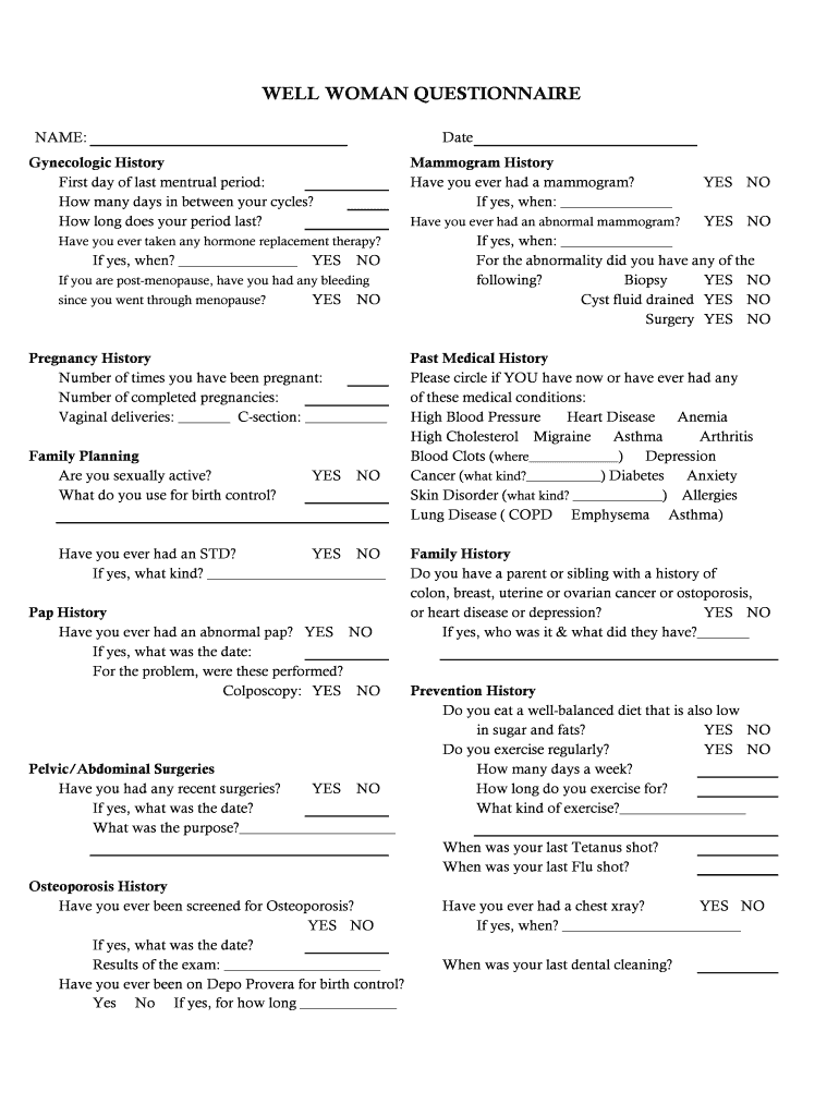 Fillable Online desertgrove Well Woman Questionnaire - Desert Grove ...