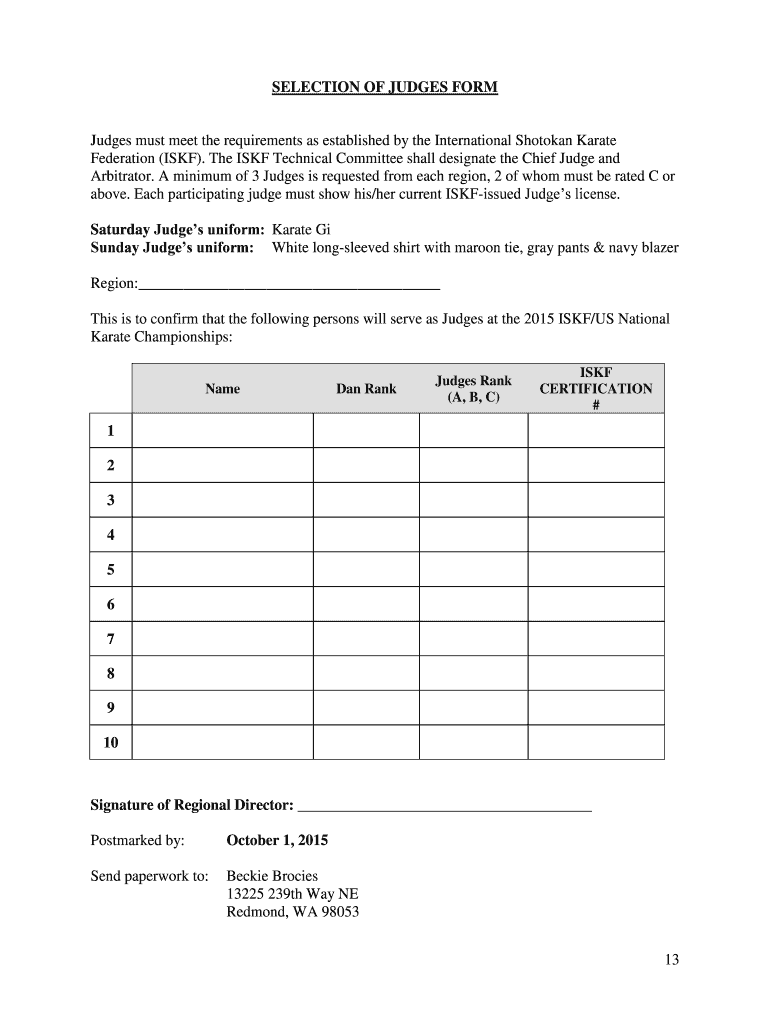 Fillable Online iskfnw SELECTION OF JUDGES FORM Saturday Judges uniform ...