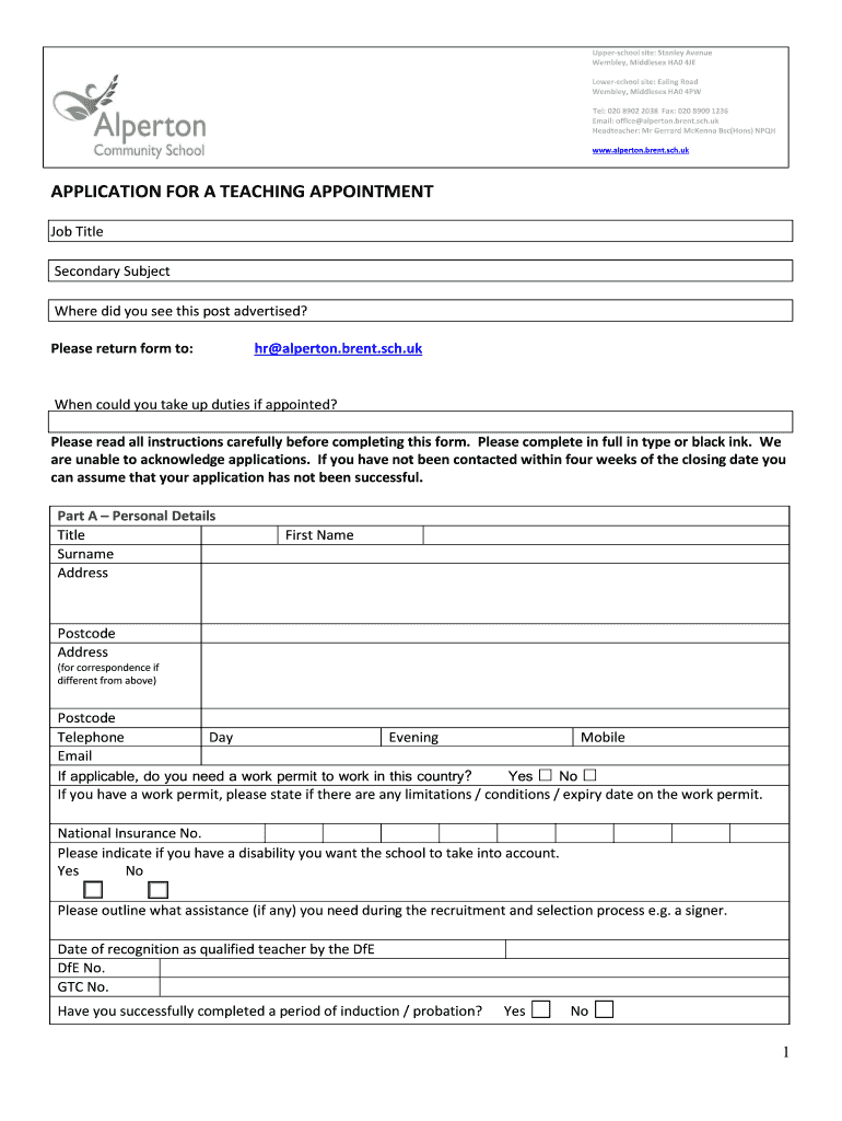 Fillable Online alperton brent sch Teaching Application Form (PDF ...