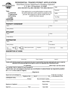 Fillable Online goochlandva Residential Trades bPermitb Application - Goochland County Fax Email ...
