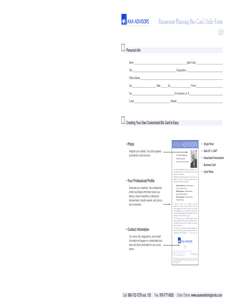 Fillable Online Paramount Planning Bio Card Order Form Fax Email Print ...