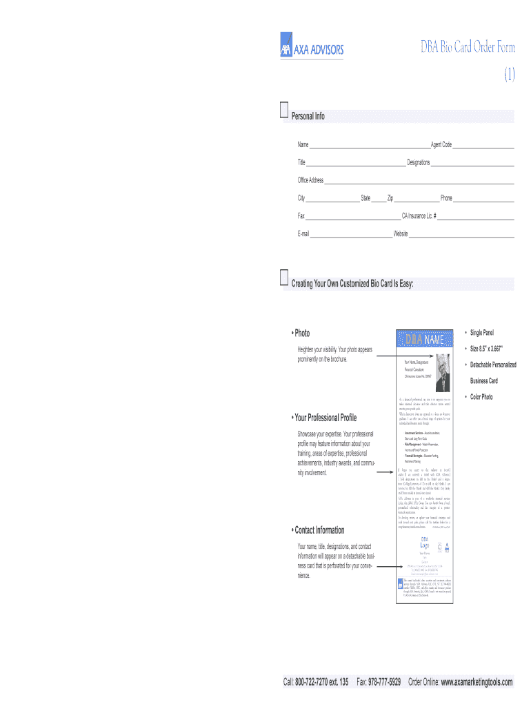 Fillable Online DBA Bio Card Order Form - baxamarketingtoolsbbcomb Fax ...