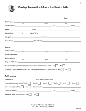 Fillable Online Marriage Preparation Information Sheet Bride - Our Lady ...