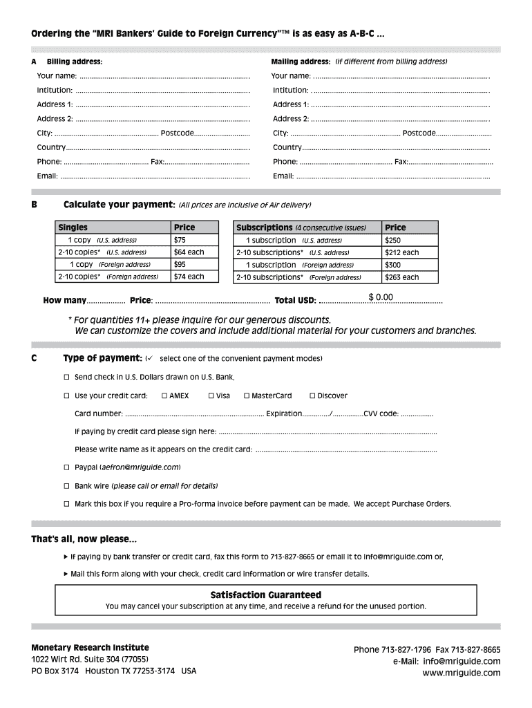 Fillable Online Ordering the MRI Bankers' Guide to Foreign Currency is ...