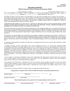 Fillable Online cdm depaul Actor and Crew Release Form (Student ...