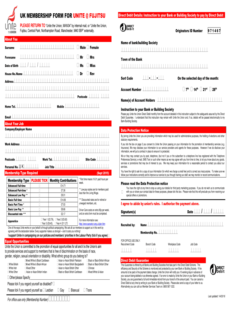 Fillable Online ourunion org Membership form for UNITE Fujitsu Fax ...