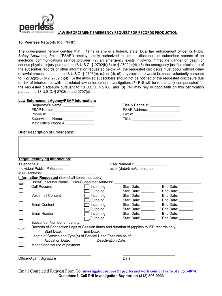Fillable Online LAW ENFORCEMENT EMERGENCY REQUEST FOR RECORDS ...