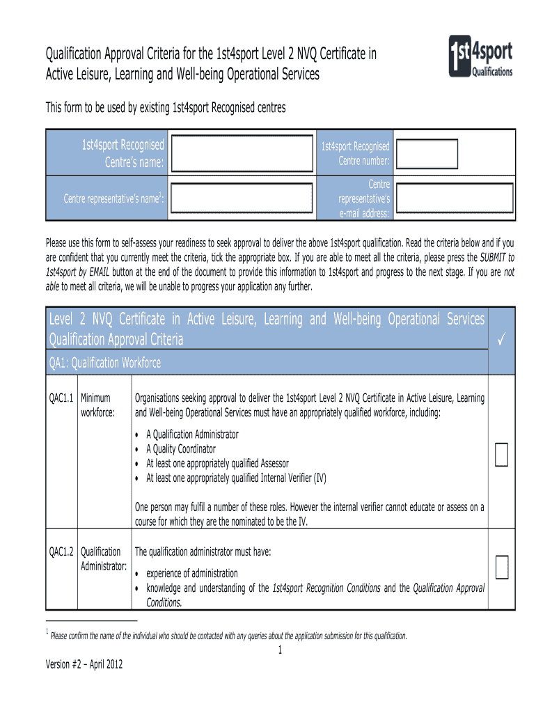Fillable Online Qualification Approval Criteria for the 1st4sport Level ...