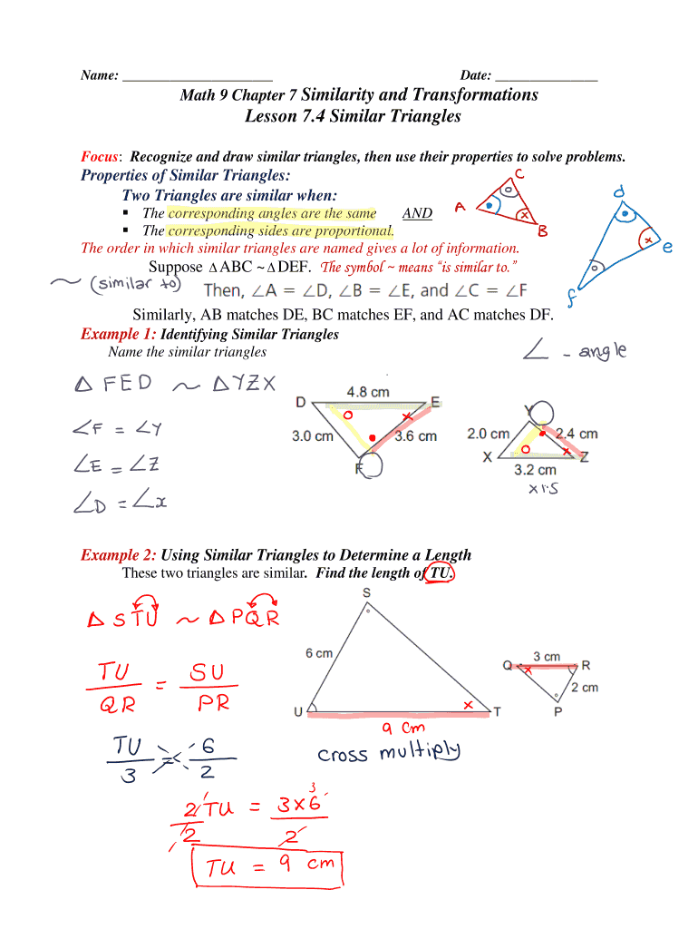 Fillable Online 4 Similar Triangles Focus: Recognize and draw similar ...