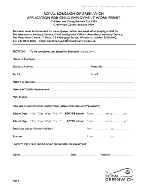 Fillable Online royalgreenwich gov Application for child employment ...