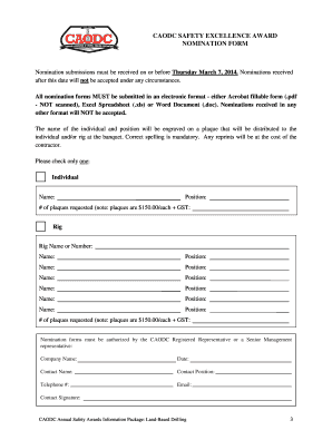 Fillable Online CAODC SAFETY EXCELLENCE AWARD Fax Email Print - pdfFiller