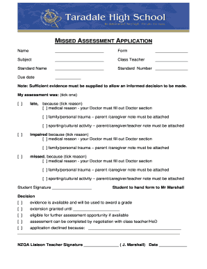 Fillable Online ths school MISSED ASSESSMENT APPLICATION - Taradale ...