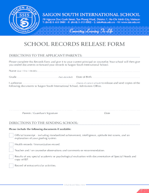 Fillable Online ssis edu SCHOOL RECORDS RELEASE FORM - Saigon South ...