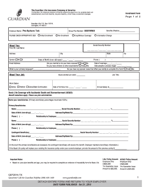 Fillable Online BGuardianb Life STD LTD amp ADD Enrollment Form Fax ...