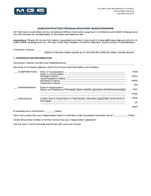 Fillable Online Sub-Contractor Prequalification Questionnaire - MGE ...