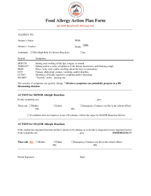 Fillable Online Food Allergy Action Plan Form ...