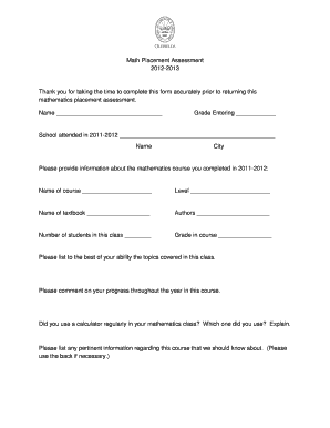 Fillable Online oldfieldsschool Math Placement Assessment 2012-2013 ...