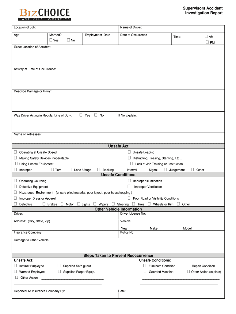 Fillable Online Supervisors Accident Investigation Report Unsafe Act Unsafe ... Fax Email Print ...
