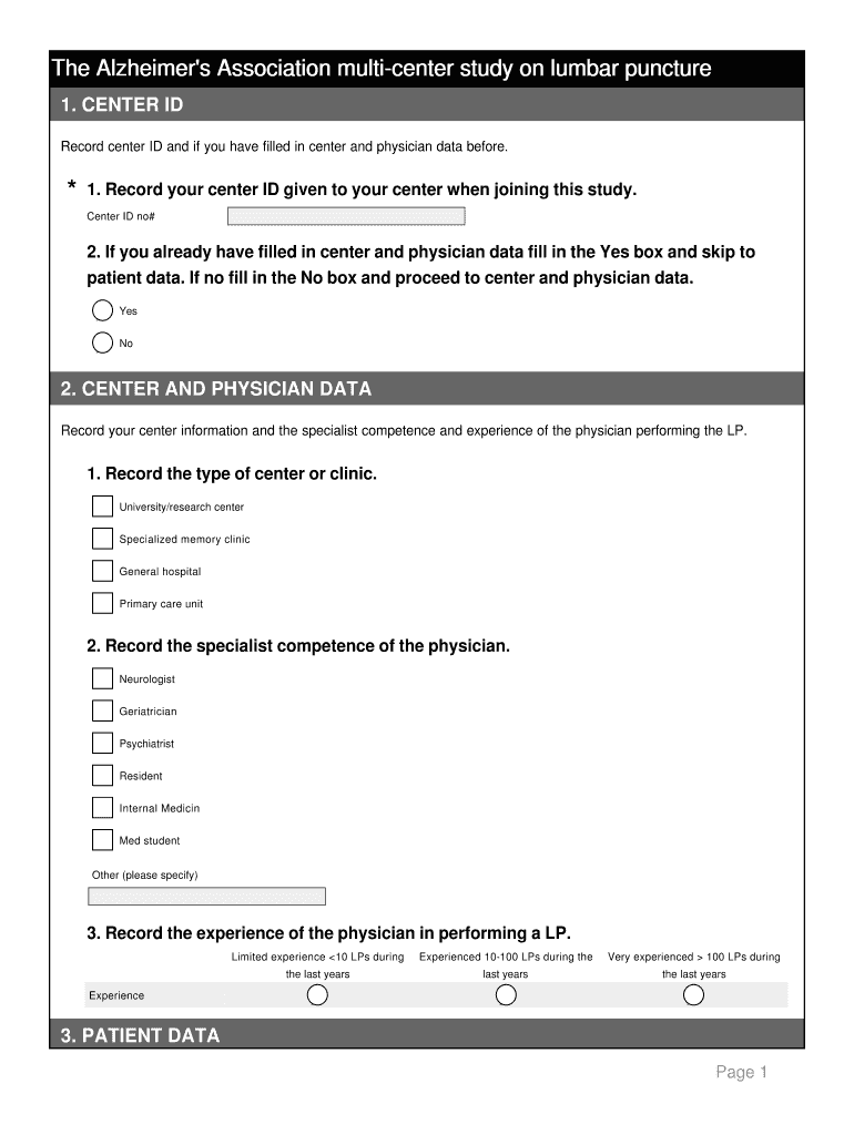 Fillable Online The Alzheimer's Association multicenter study on lumbar ...