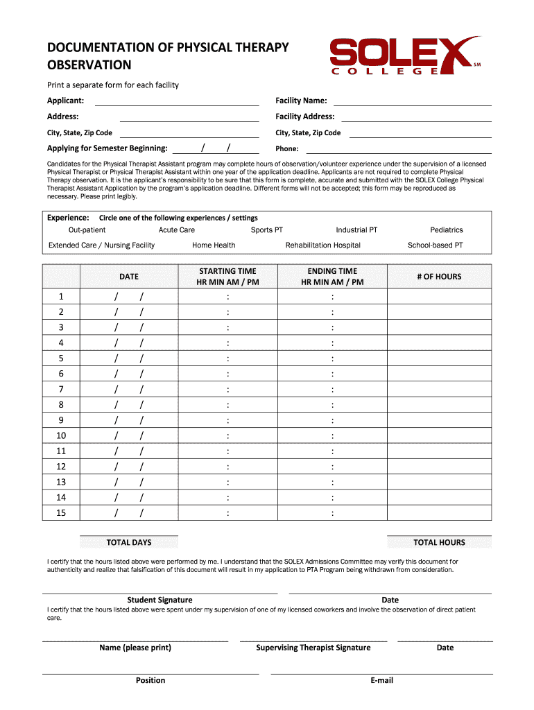 Fillable Online solex DOCUMENTATION OF PHYSICAL THERAPY OBSERVATION ...