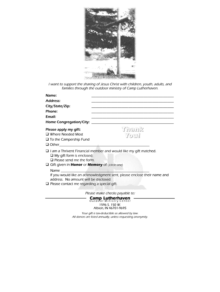 Fillable Online lutherhaven Thank You! - Camp Lutherhaven - lutherhaven ...