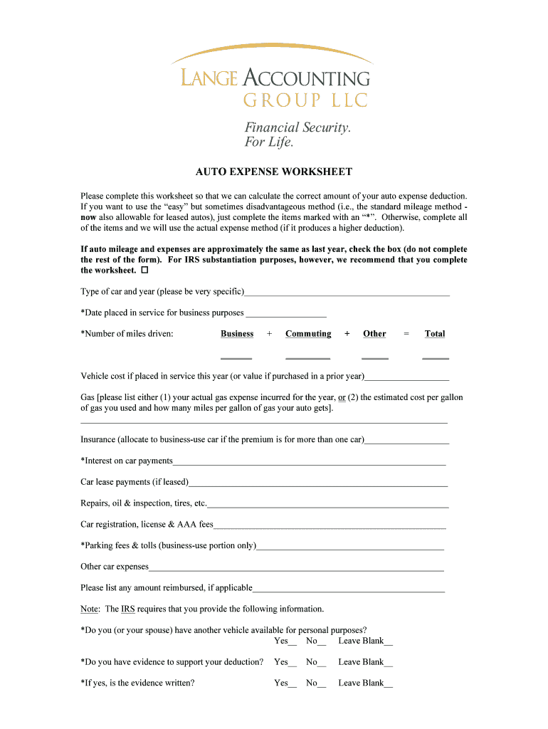 Fillable Online AUTO EXPENSE WORKSHEET - Pay Taxes Later Fax Email ...