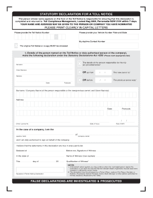 Fillable Online Statutory declaration for a toll notice false declarations are ... - Roam Fax ...