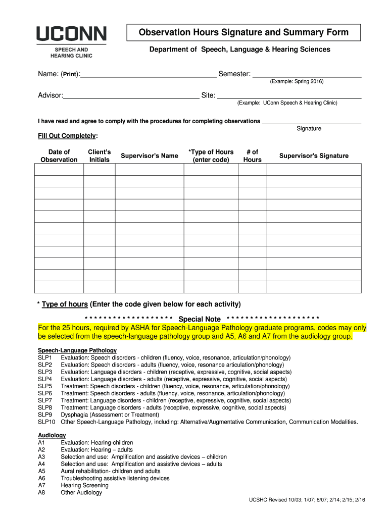 Fillable Online slhs uconn Observation Hours Signature and Summary Form ...
