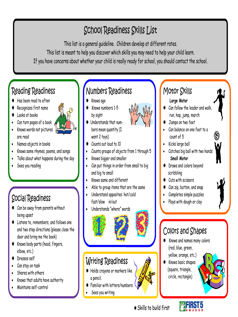 Fillable Online Reading Readiness Numbers Readiness Motor Skills Fax ...