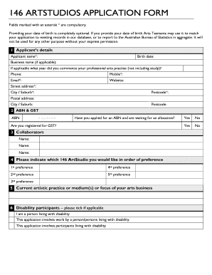 Fillable Online arts tas gov 146 ARTSTUDIOS APPLICATION FORM - Arts ...