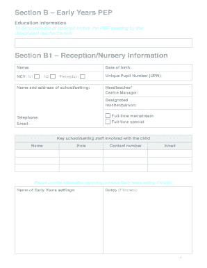 Fillable Online mewan Section B Early Years PEP Section B1 Reception ...