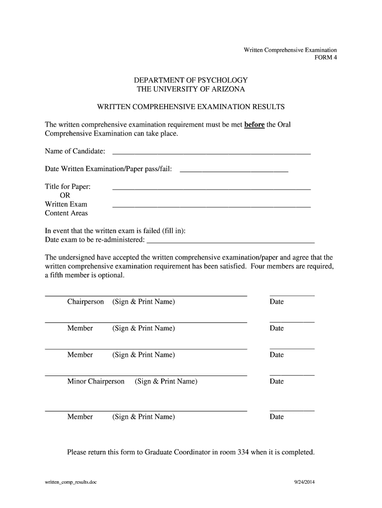 Fillable Online psychology arizona WRITTEN COMPREHENSIVE EXAMINATION ...