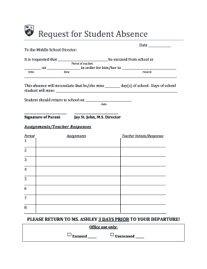 Fillable Online fredericaacademy Request for Student Absence ...