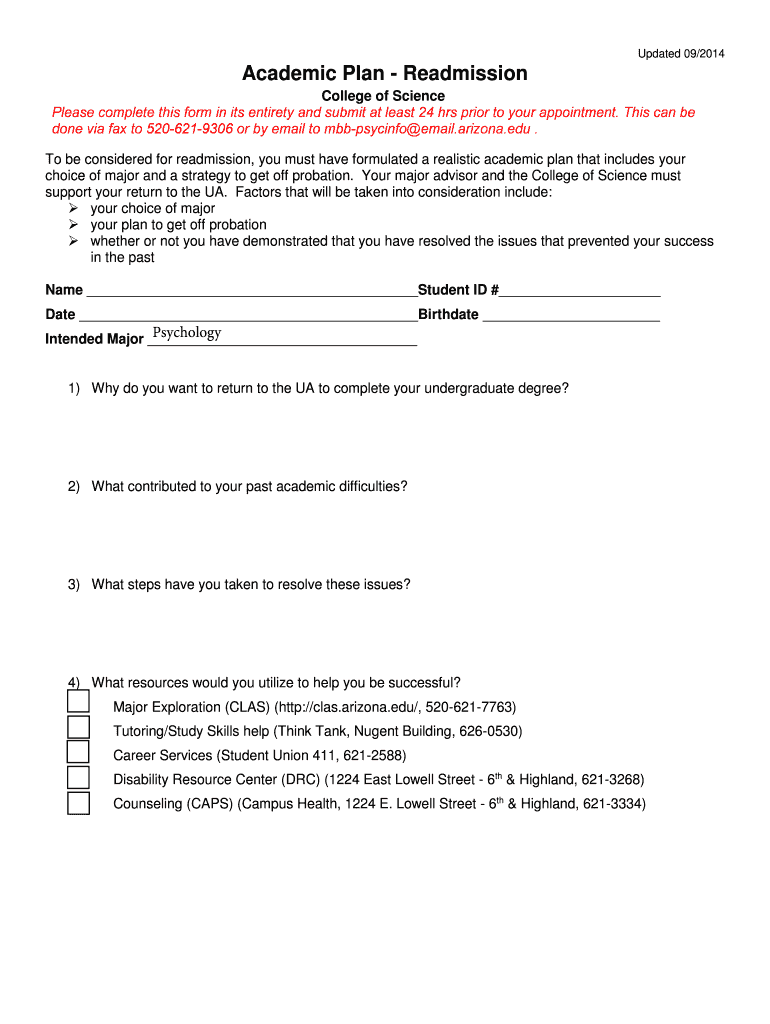 Fillable Online psychology arizona Academic Plan Readmission Fax Email Print - pdfFiller