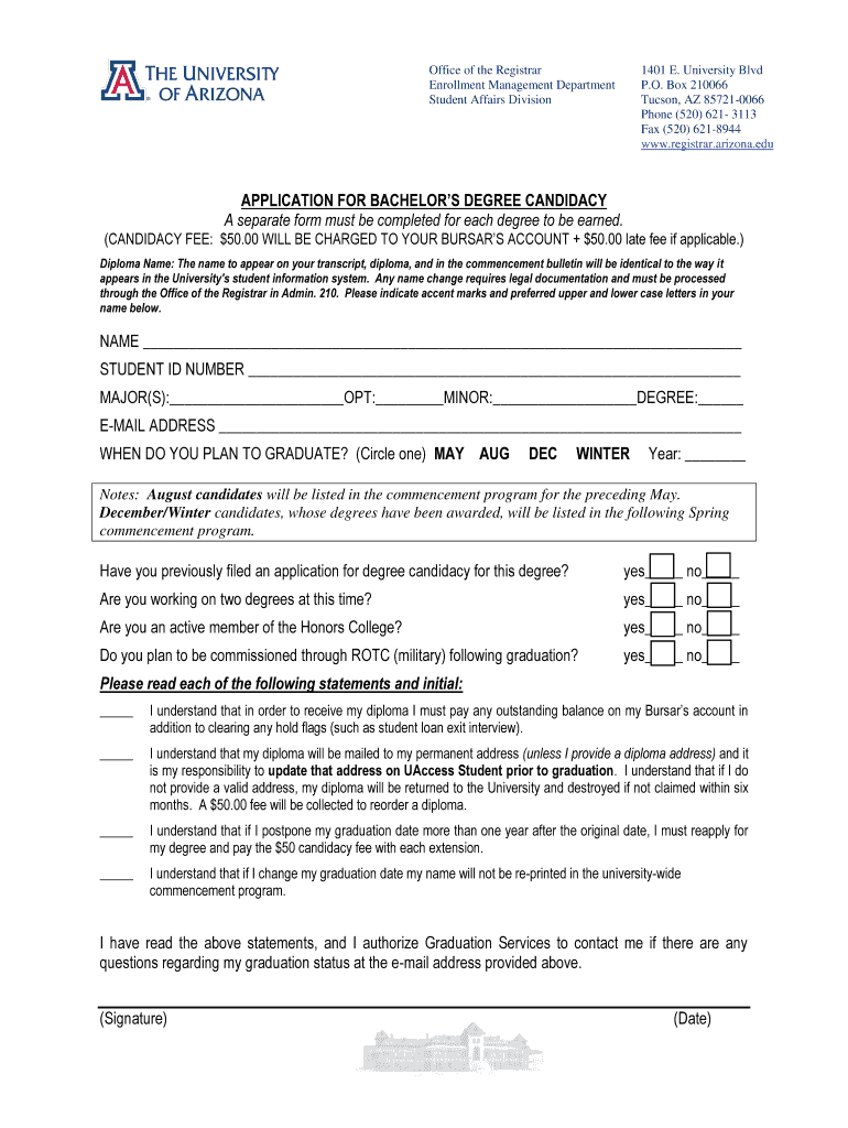 Fillable Online psychology arizona APPLICATION FOR BACHELOR'S DEGREE ...