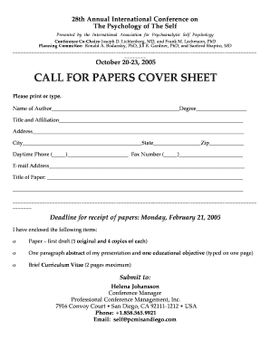 Fillable Online October 20-23 2005 CALL FOR PAPERS COVER SHEET Fax ...