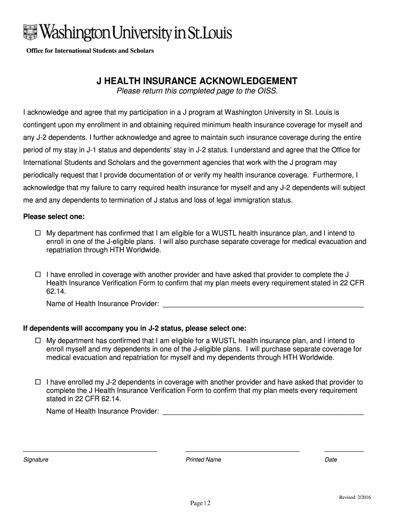 Fillable Online oiss wustl J Health Insurance Acknowledgment bFormb ...