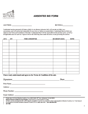 Fillable Online ABSENTEE BID FORM - Moecker Auctions Fax Email Print ...