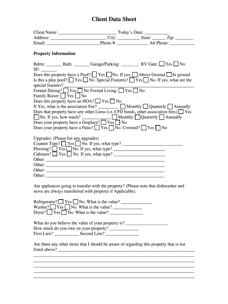 Fillable Online Client Data Sheet - West USA Realty Fax Email Print ...