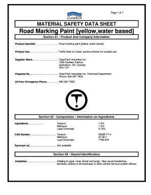 Fillable Online MATERIAL SAFETY DATA SHEET Road Marking Paint yellow ...