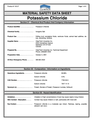 Fillable Online MATERIAL SAFETY DATA SHEET Potassium Chloride Fax Email Print - pdfFiller