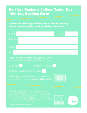 Fillable Online hrc ac HRC Taster Day 18 July Booking Form Fax Email Print - pdfFiller