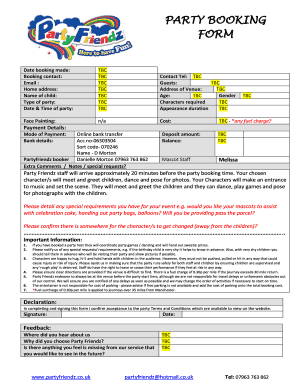 Fillable Online PARTY BOOKING Fax Email Print - pdfFiller