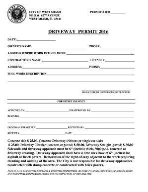 Fillable Online DRIVEWAY PERMIT 2016 - West Miami Florida Fax Email ...