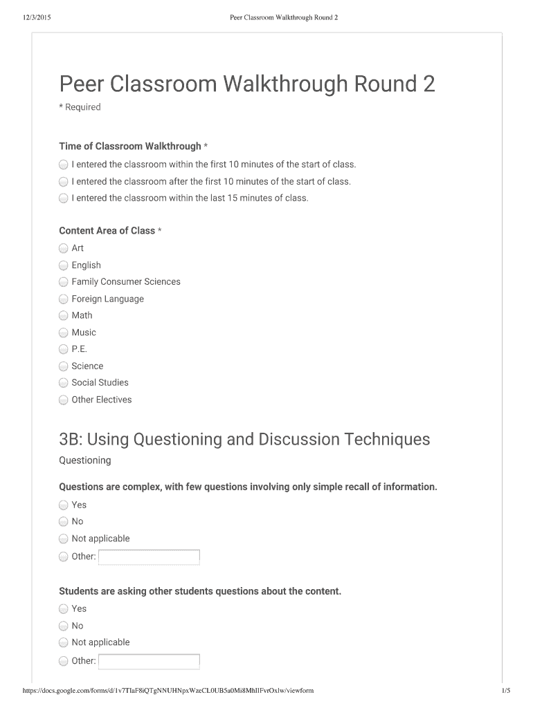 Fillable Online Peer Classroom Walkthrough Round 2 Fax Email Print ...