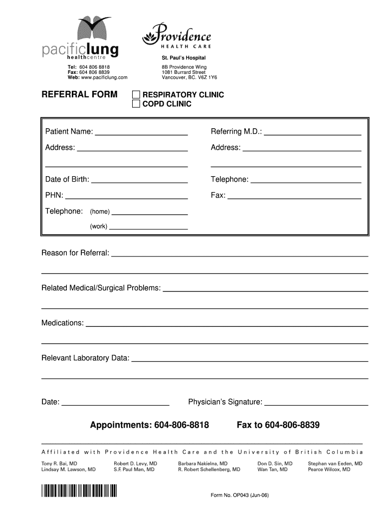 Fillable Online REFERRAL FORM RESPIRATORY CLINIC COPD CLINIC Fax Email ...